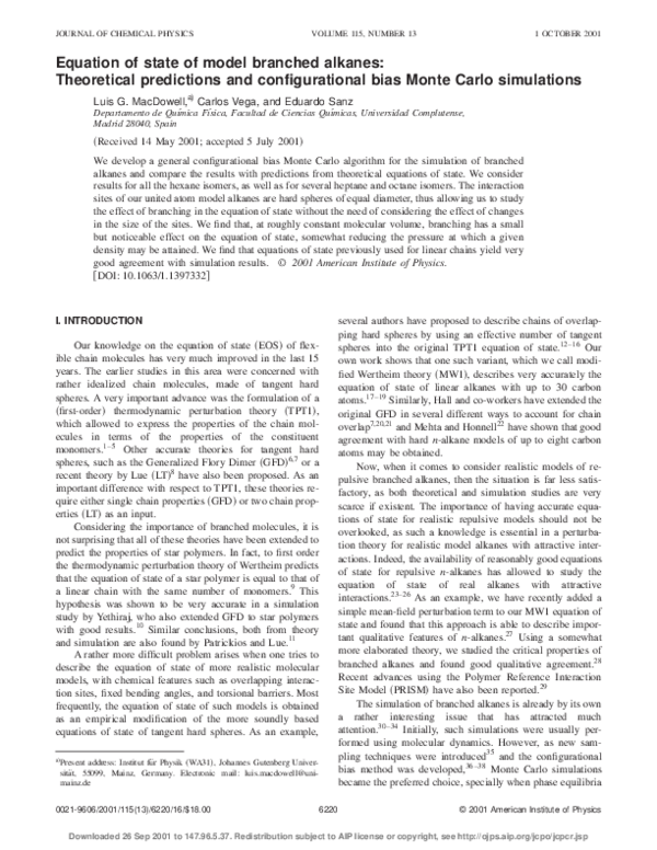 (PDF) Equation of state of model branched alkanes: Theoretical predictions and configurational ...