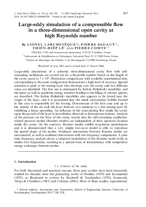 Pdf Large Eddy Simulation Of A Compressible Flow In A Three Dimensional Open Cavity At High