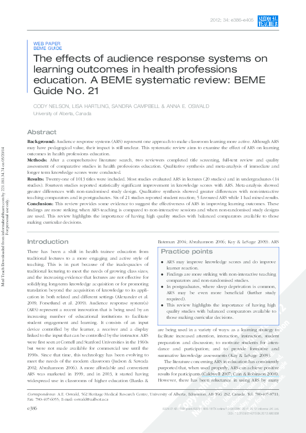 (PDF) The effects of audience response systems on learning outcomes in health professions ...