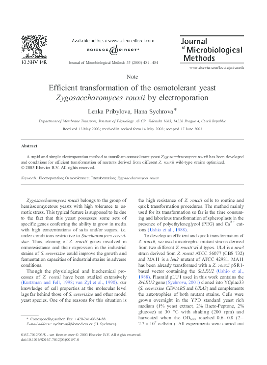 (PDF) Efficient transformation of the osmotolerant yeast Zygosaccharomyces rouxii by electroporation