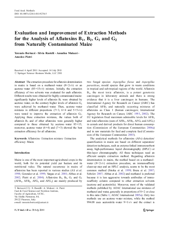 (PDF) Evaluation and Improvement of Extraction Methods for the Analysis of Aflatoxins B1, B2, G1 ...
