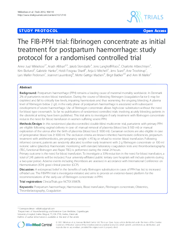 (PDF) The FIB-PPH trial: fibrinogen concentrate as initial treatment ...