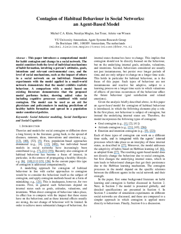 Pdf Contagion Of Habitual Behaviour In Social Networks An Agent Based Model