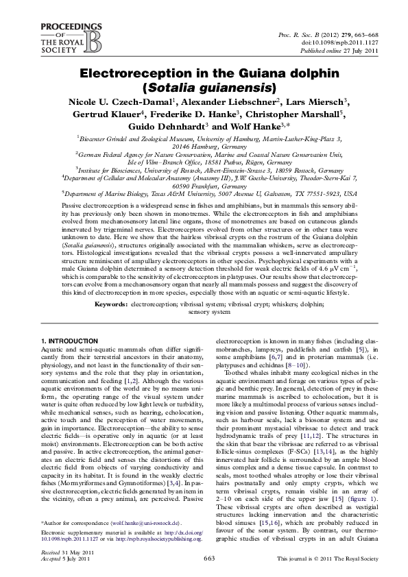 (PDF) Electroreception in the Guiana dolphin (Sotalia guianensis)