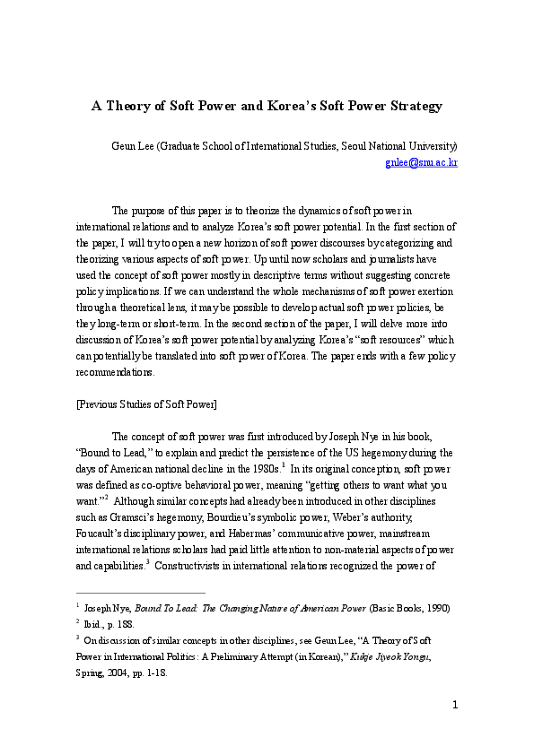 (PDF) A Theory of Soft Power and Korea's Soft Power Strategy