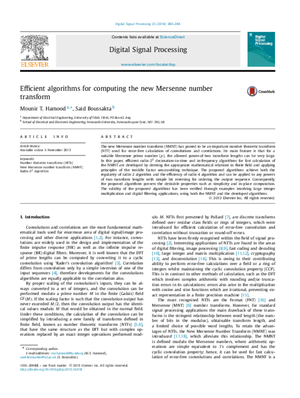 Pdf Efficient Algorithms For Computing The New Mersenne Number Transform Said Boussakta