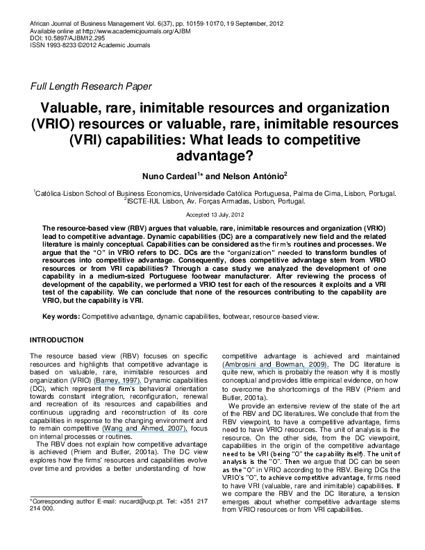 (PDF) Valuable, rare, inimitable resources and organization (VRIO ...