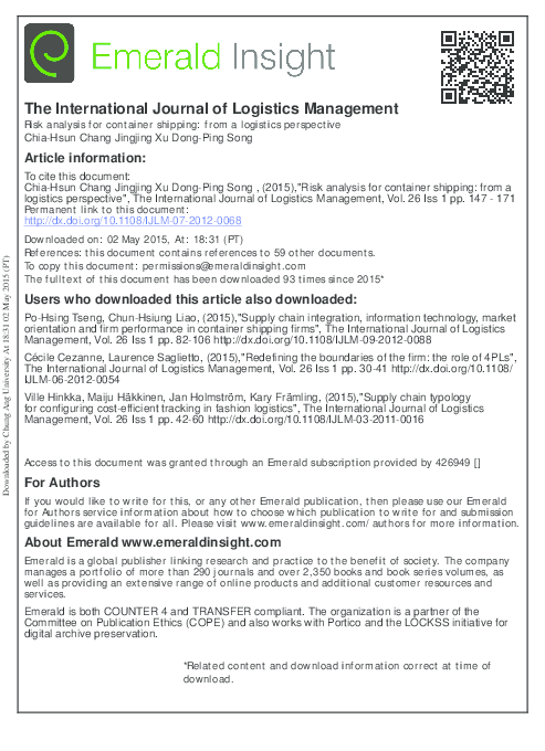 (PDF) Risk analysis for container shipping: from a logistics perspective