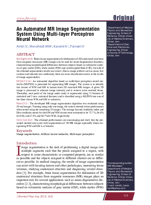 (PDF) An Automated MR Image Segmentation System Using Multi-layer Perceptron Neural Network