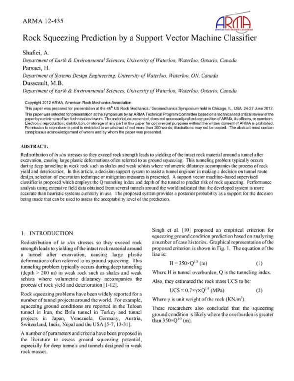 Pdf Rock Squeezing Prediction By A Support Vector Machine Classifier Hossein Parsaei