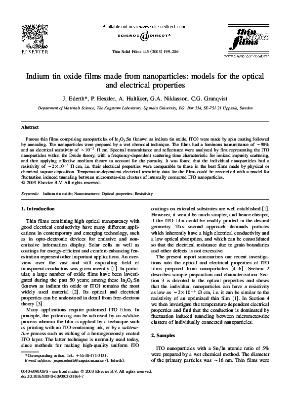 (PDF) Indium tin oxide films made from nanoparticles: Models for the ...