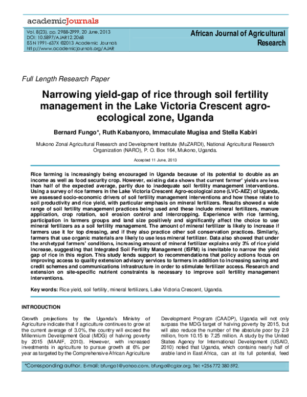 (PDF) Narrowing yield-gap of rice through soil fertility management in the Lake Victoria ...