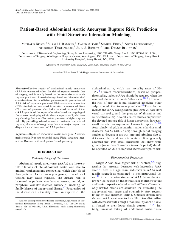 Pdf Patient Based Abdominal Aortic Aneurysm Rupture Risk Prediction With Fluid Structure