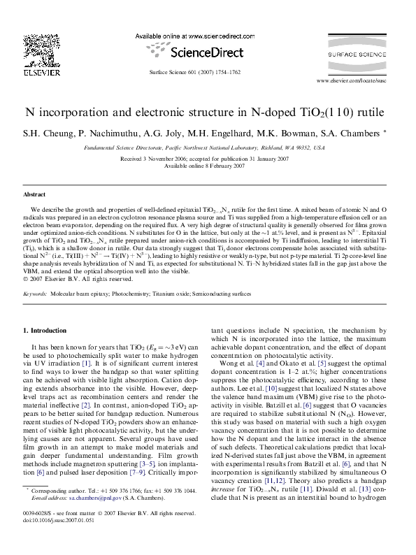 (PDF) N incorporation and electronic structure in N-doped TiO2(110) rutile