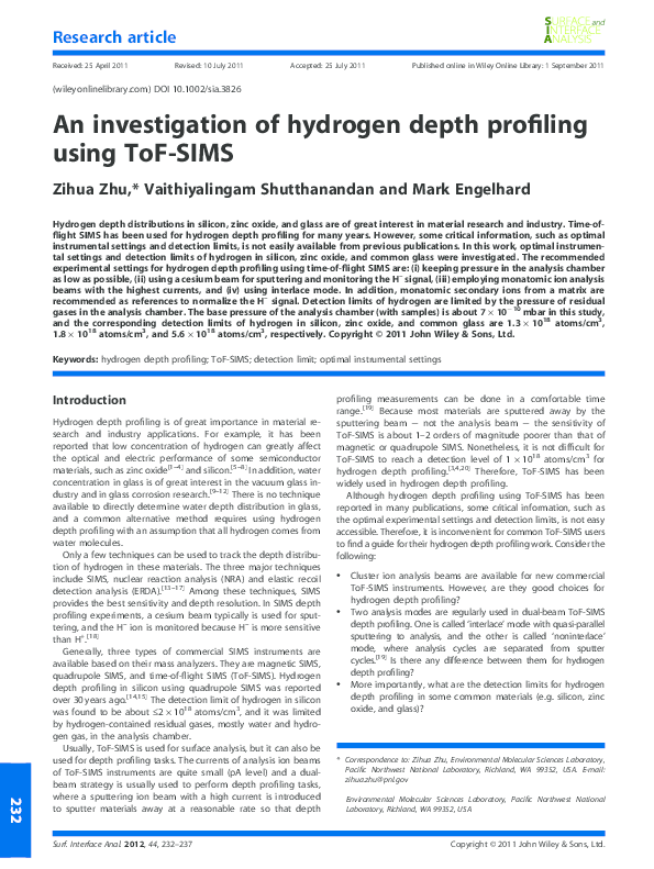 (PDF) An investigation of hydrogen depth profiling using tof-SIMS