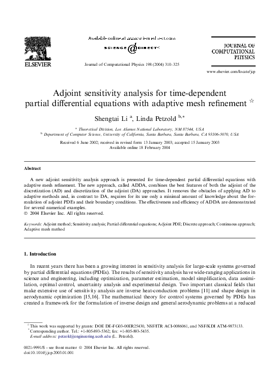 Pdf Adjoint Sensitivity Analysis For Time Dependent Partial Differential Equations With