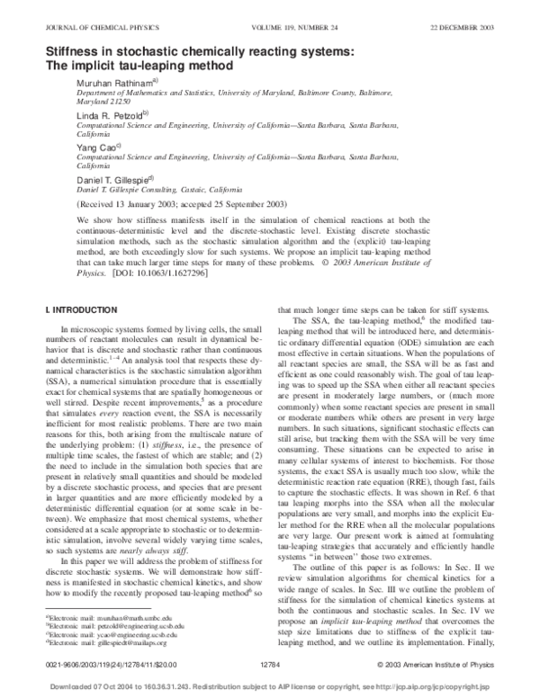 (PDF) Stiffness in stochastic chemically reacting systems: The implicit tau-leaping method
