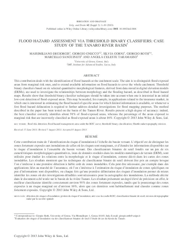 (PDF) Flood Hazard Assessment via Threshold Binary Classifiers: Case Study of the Tanaro River Basin