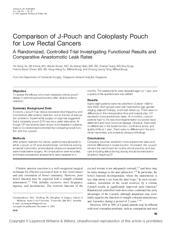 (PDF) Comparison of J-Pouch and Coloplasty Pouch for Low Rectal Cancers