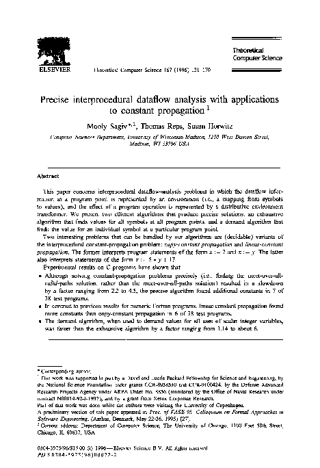 (PDF) Precise interprocedural dataflow analysis with applications to constant propagation