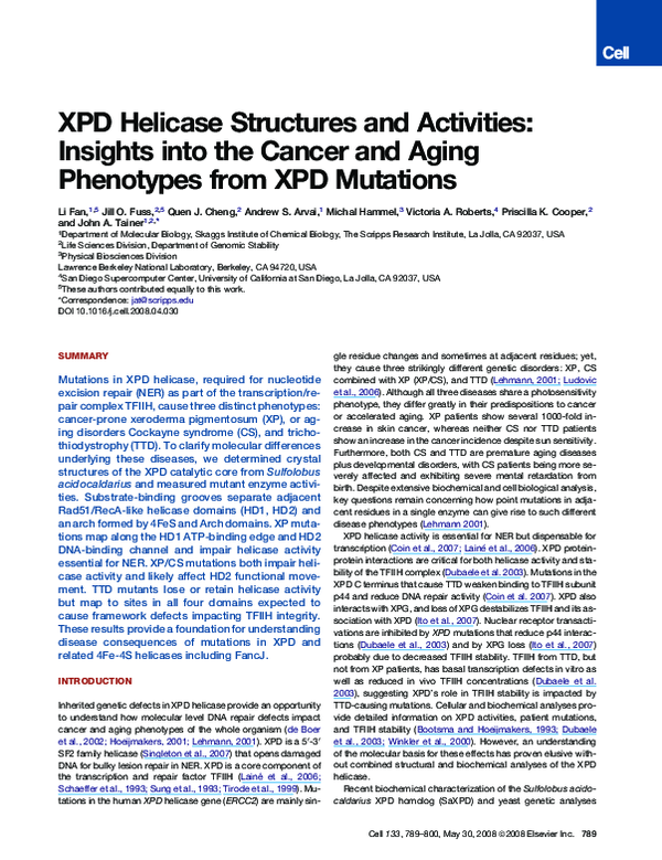 (PDF) XPD Helicase Structures and Activities: Insights into the Cancer ...