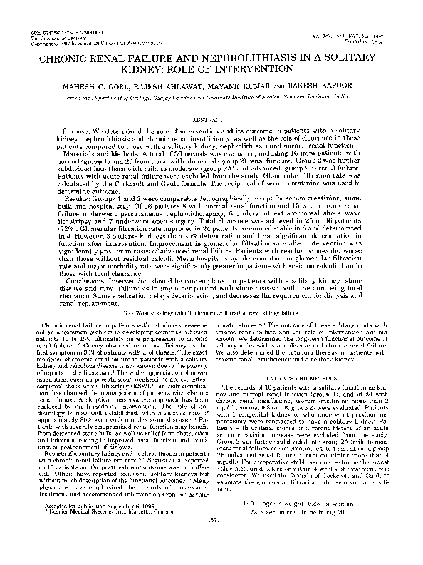 (PDF) Chronic Renal Failure and Nephrolithiasis In a Solitary Kidney ...