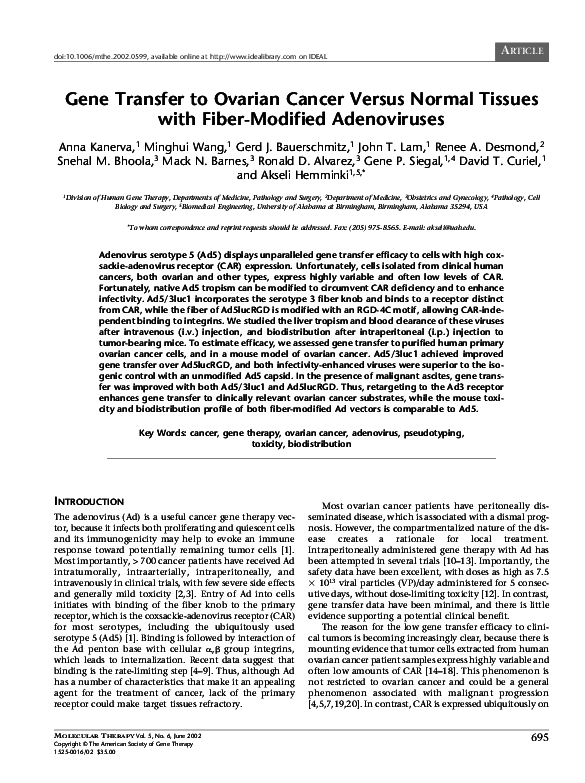 (PDF) Gene Transfer to Ovarian Cancer Versus Normal Tissues with Fiber ...