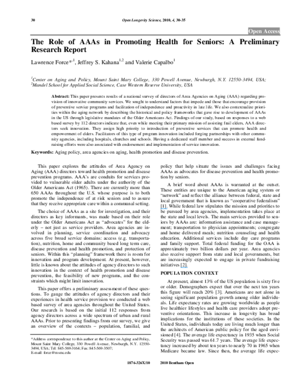 (PDF) The Role of AAAs in Promoting Health for Seniors: A Preliminary ...