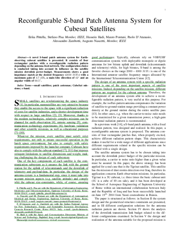(PDF) Reconfigurable S-band Patch Antenna System for Cubesat Satellites