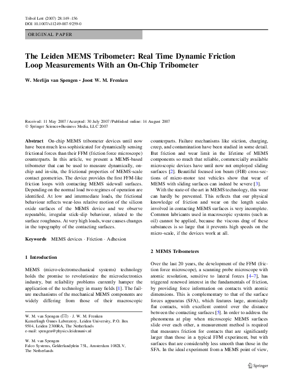 (PDF) The Leiden MEMS Tribometer: Real Time Dynamic Friction Loop Measurements With an On-Chip ...