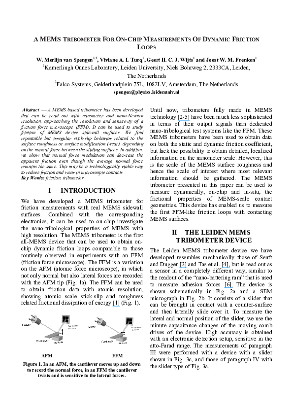 (PDF) A Mems Tribometer for On-Chip Measurements of Dynamic Friction Loops