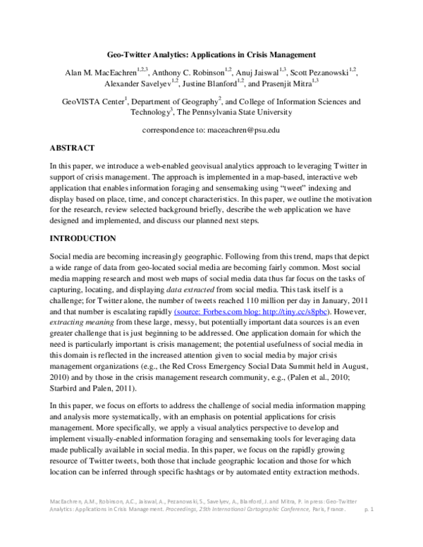 (PDF) Geo-Twitter Analytics: Applications in Crisis Management