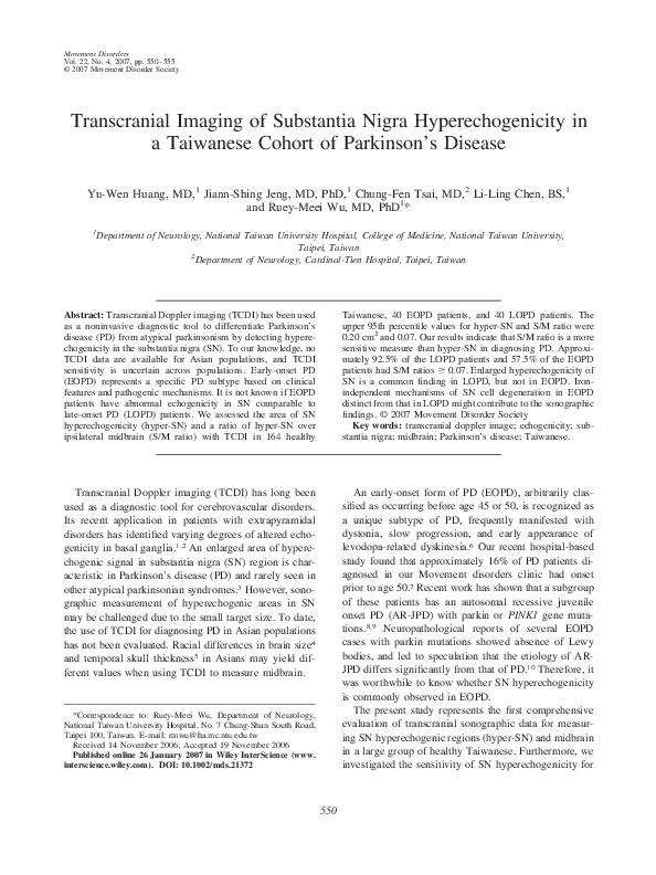 (PDF) Transcranial imaging of substantia nigra hyperechogenicity in a Taiwanese cohort of ...