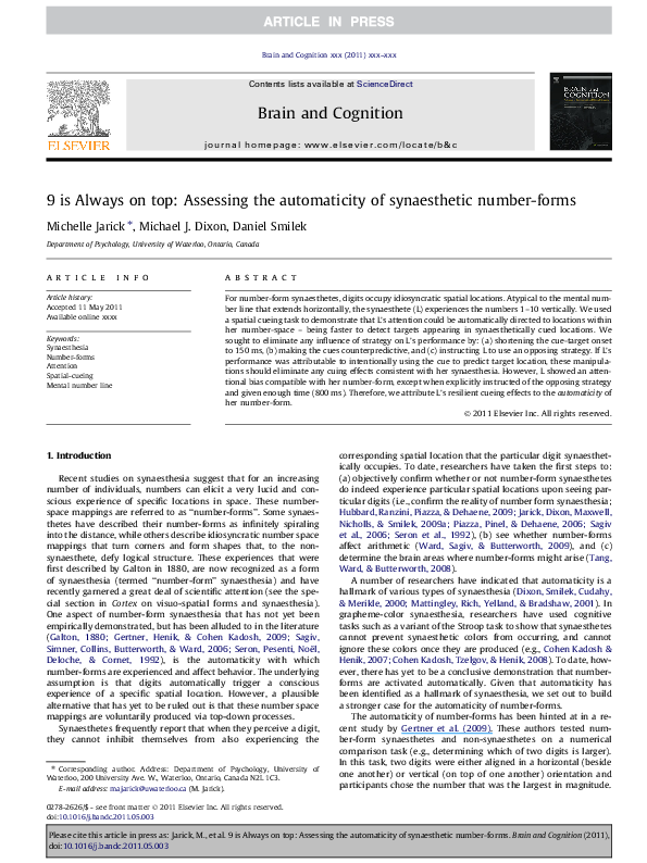 (PDF) 9 is Always on top: Assessing the automaticity of synaesthetic ...