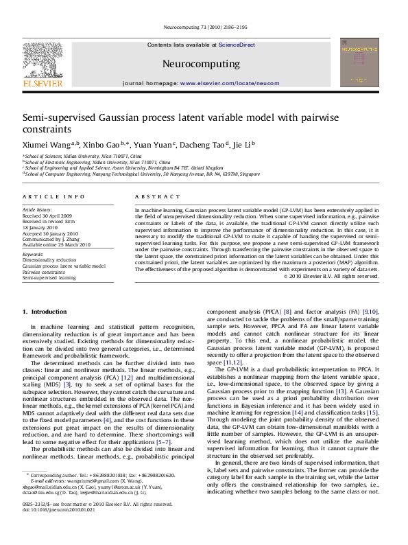 (PDF) Semi-supervised Gaussian process latent variable model with pairwise constraints