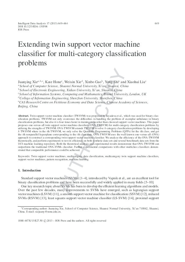 Pdf Extending Twin Support Vector Machine Classifier For Multi Category Classification 1751