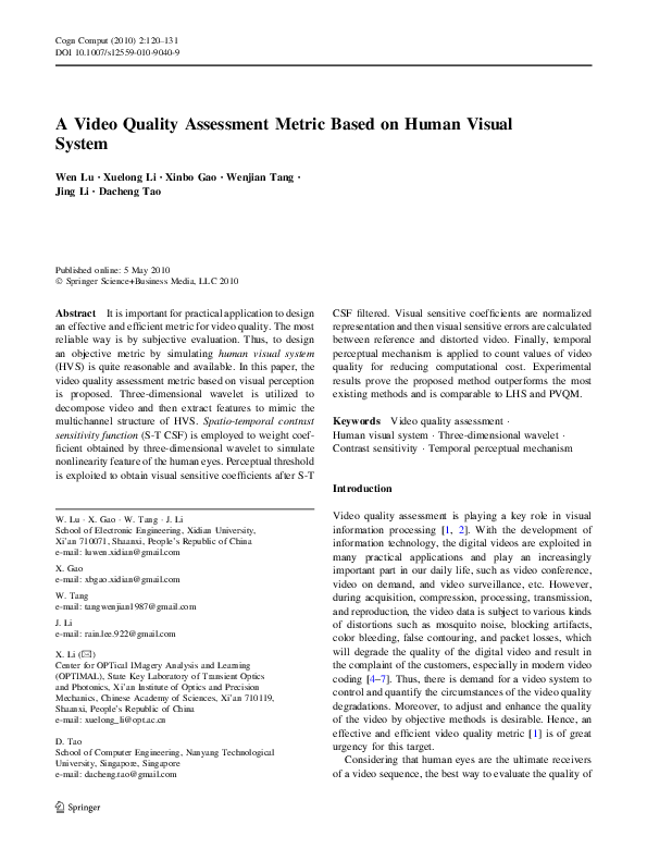 (PDF) A Video Quality Assessment Metric Based on Human Visual System