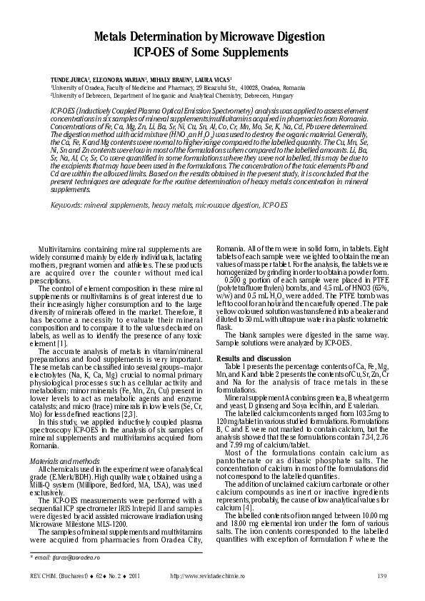 (PDF) Metals Determination by Microwave Digestion ICP-OES of Some ...