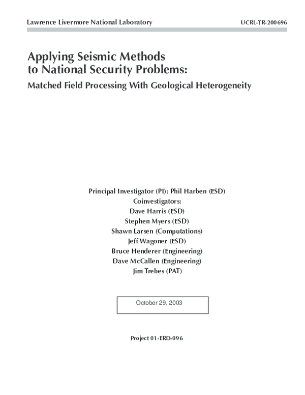 (PDF) Applying Seismic Methods to National Security Problems: Matched Field Processing With ...