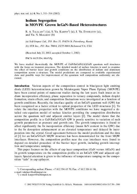 (PDF) Indium Segregation in MOVPE Grown InGaN-Based Heterostructures