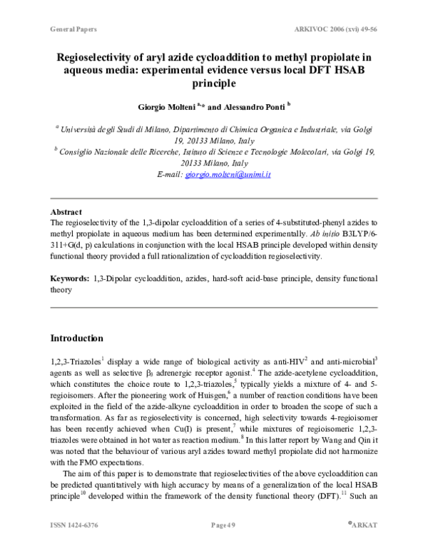 (PDF) Regioselectivity of aryl azide cycloaddition to methyl propiolate ...