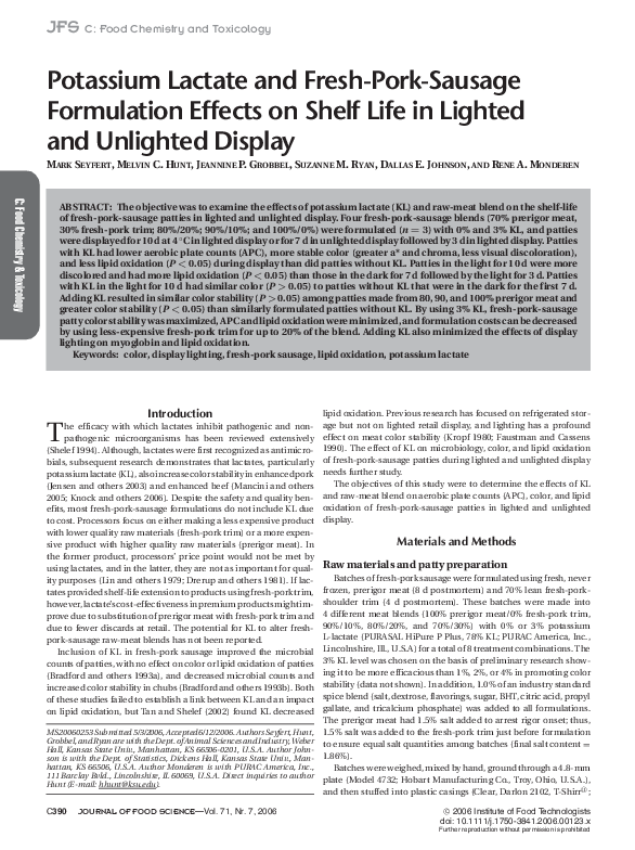 (PDF) Potassium Lactate and Fresh-Pork-Sausage Formulation Effects on ...
