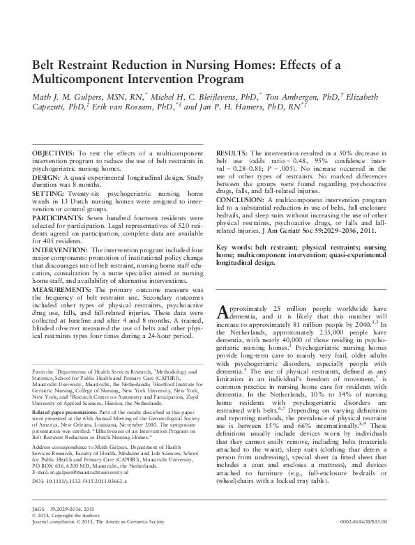 (PDF) Belt Restraint Reduction in Nursing Homes: Effects of a ...