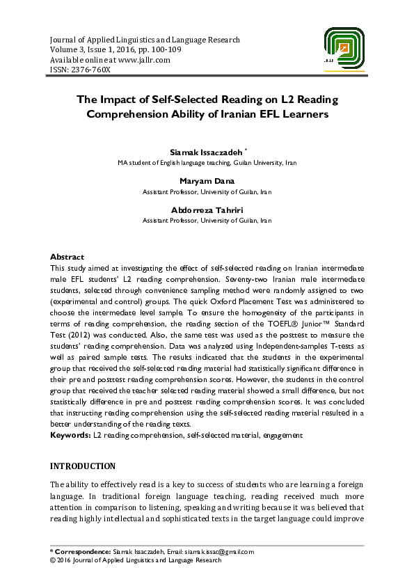 (PDF) The Impact of Self-Selected Reading on L2 Reading Comprehension ...