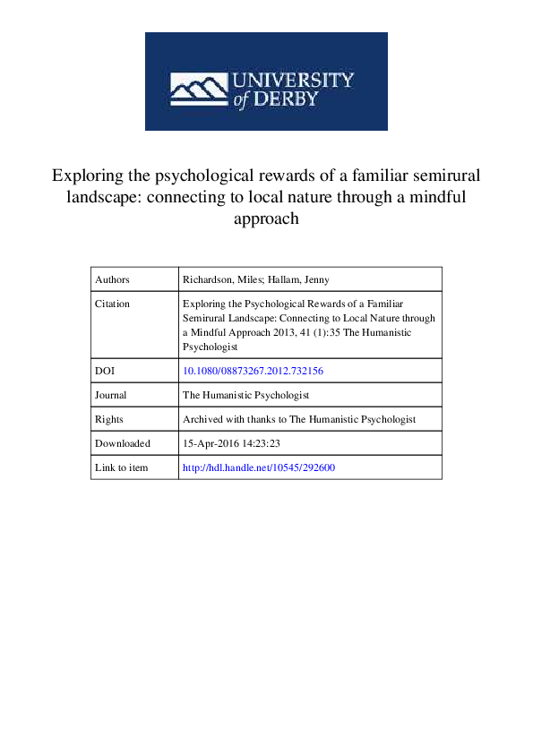 (PDF) Exploring the Psychological Rewards of a Familiar Semirural ...