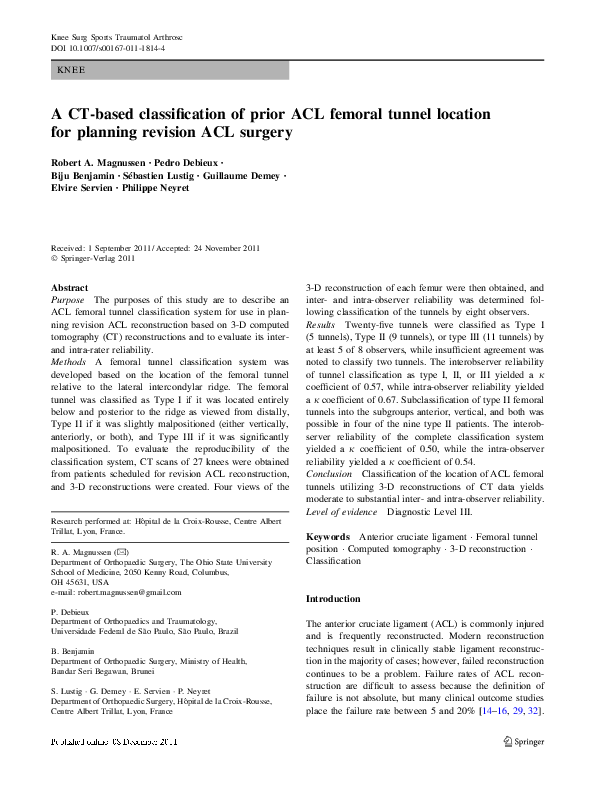 (PDF) A CT-based classification of prior ACL femoral tunnel location ...