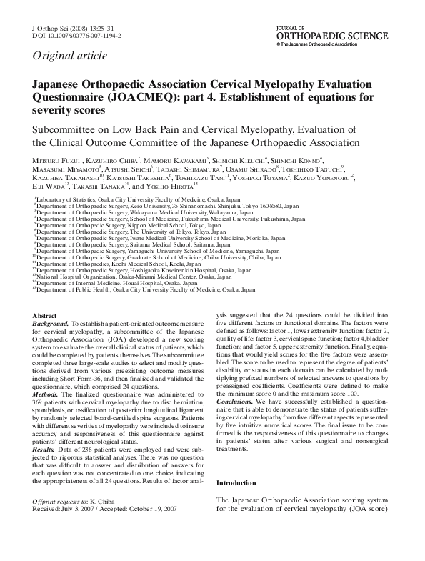 (PDF) Japanese Orthopaedic Association Cervical Myelopathy Evaluation ...