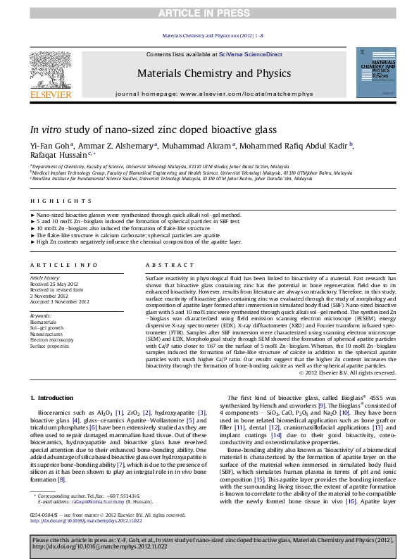 (PDF) In vitro study of nano-sized zinc doped bioactive glass