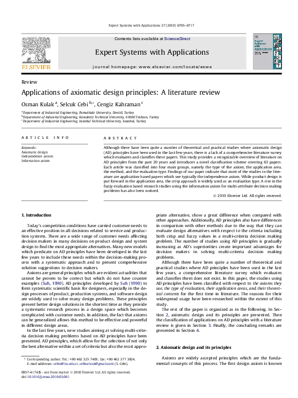 (PDF) Applications of axiomatic design principles: A literature review