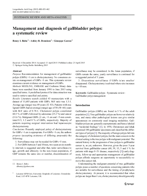 (PDF) Management and diagnosis of gallbladder polyps: a systematic review
